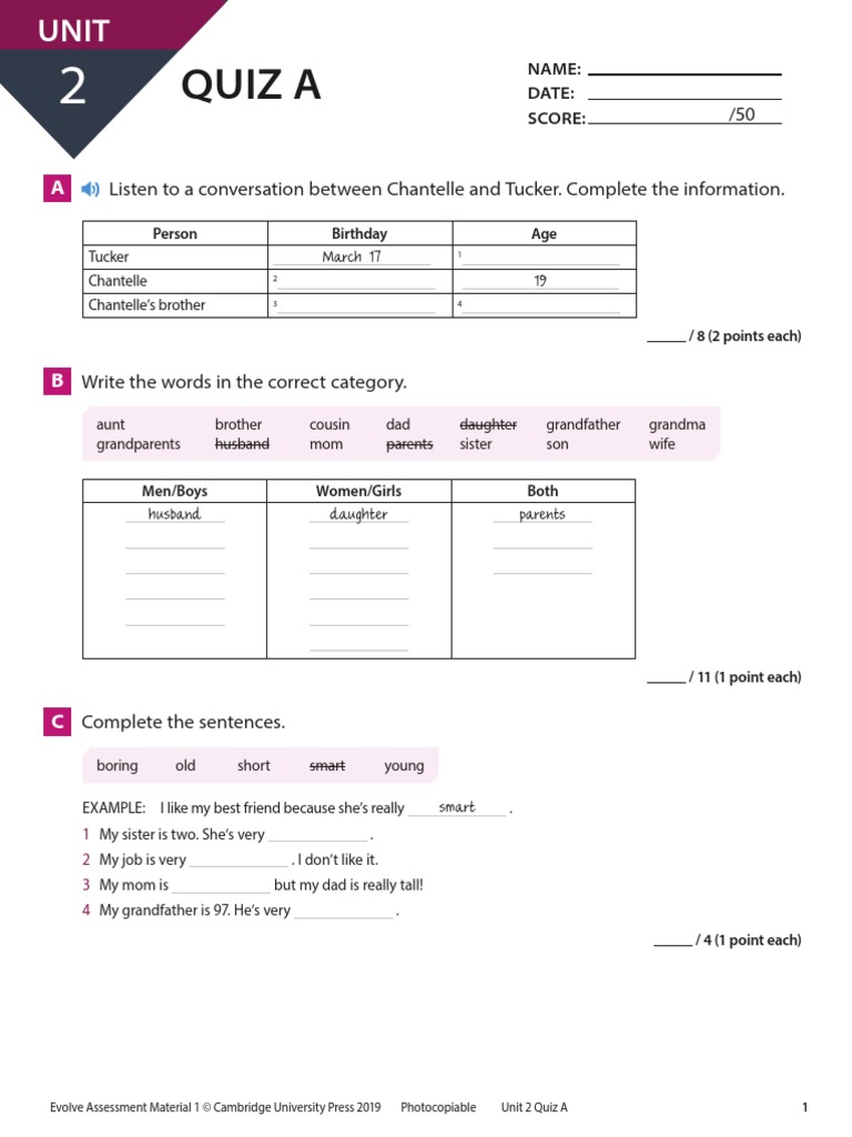 Evolve - L1 - Unit 2 Quiz - A | PDF | Grandparent