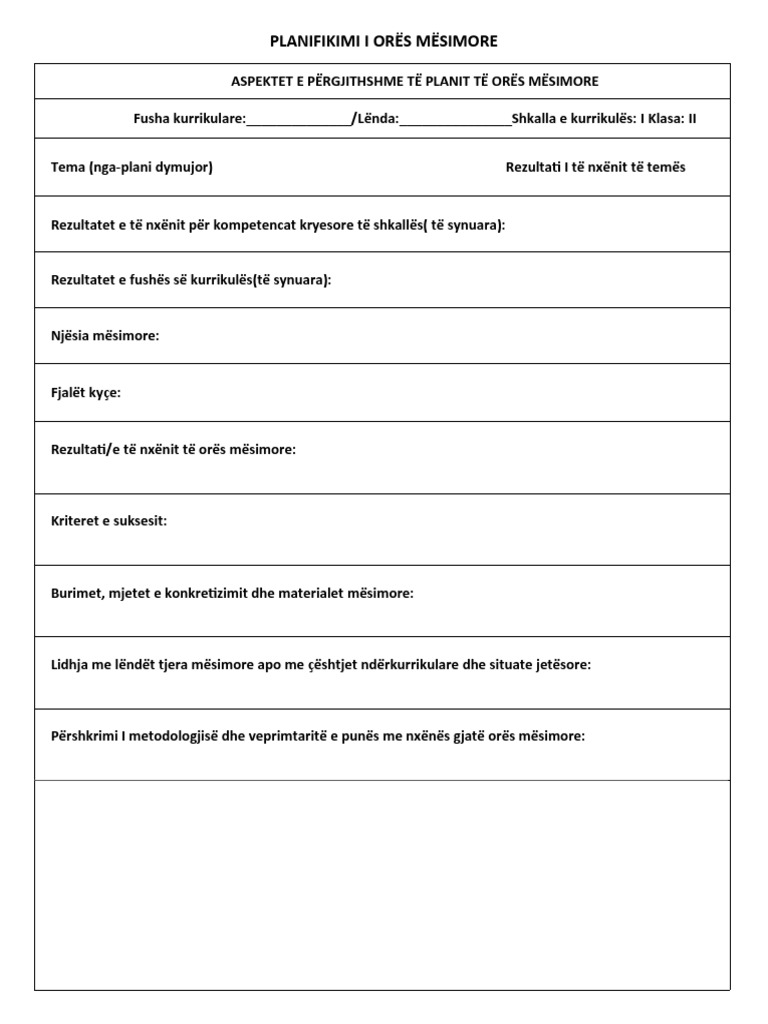 Planifikimi I Orës Mësimore | PDF