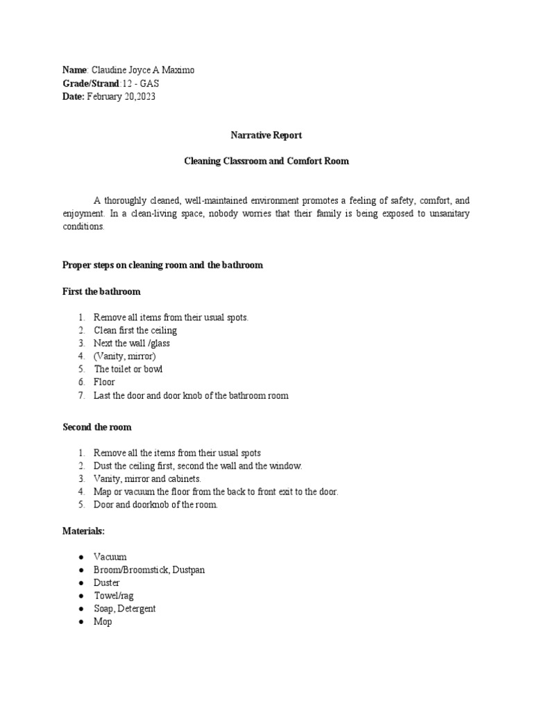Cleaning for a Purpose: A Narrative Report on Cleaning a Classroom and ...