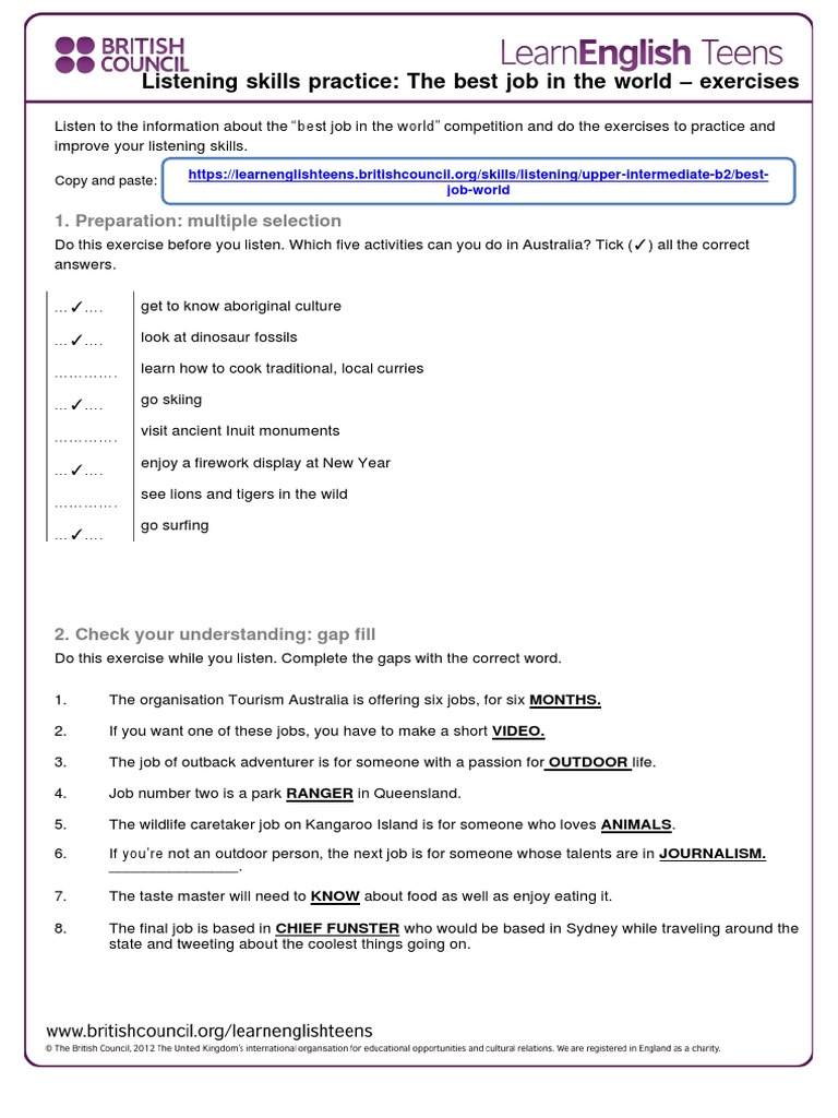 Best Job in the World Listening Exercises | PDF