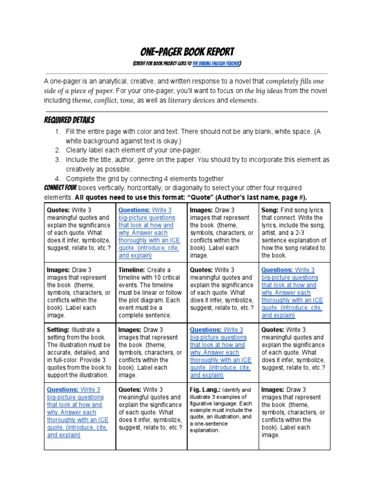 One-Pager Book Report | PDF | Narration | Grammar