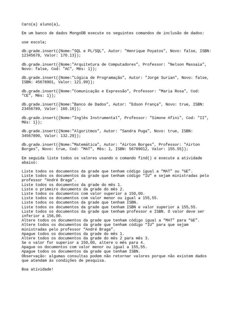 Banco de Dados MongoDB - Inclusão de Dados | PDF