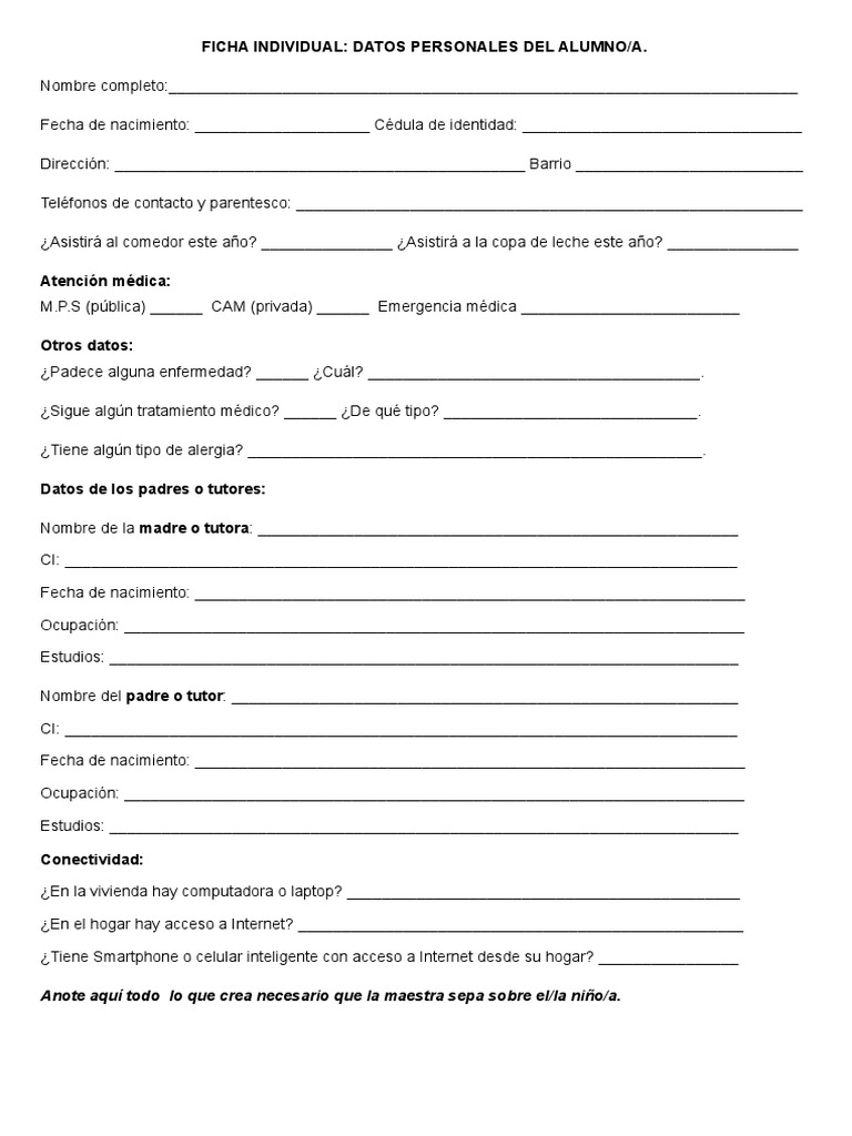 Ficha Individual - Datos Personales Del Alumno | PDF