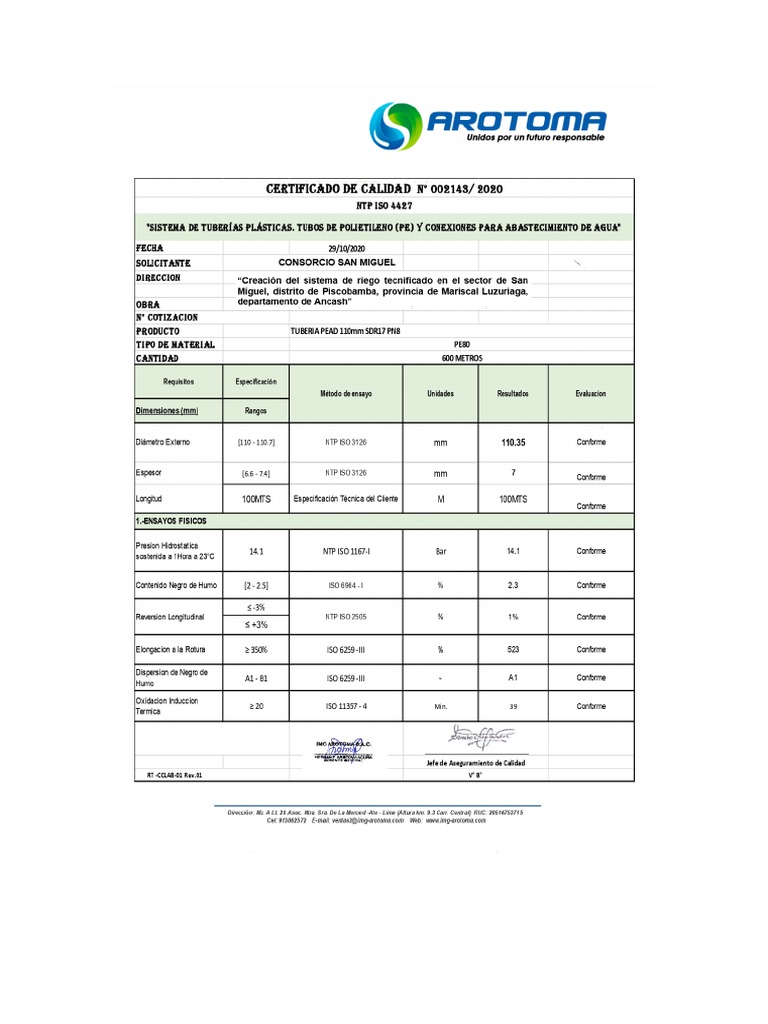 Certificados de Calidad - Tuberias | PDF