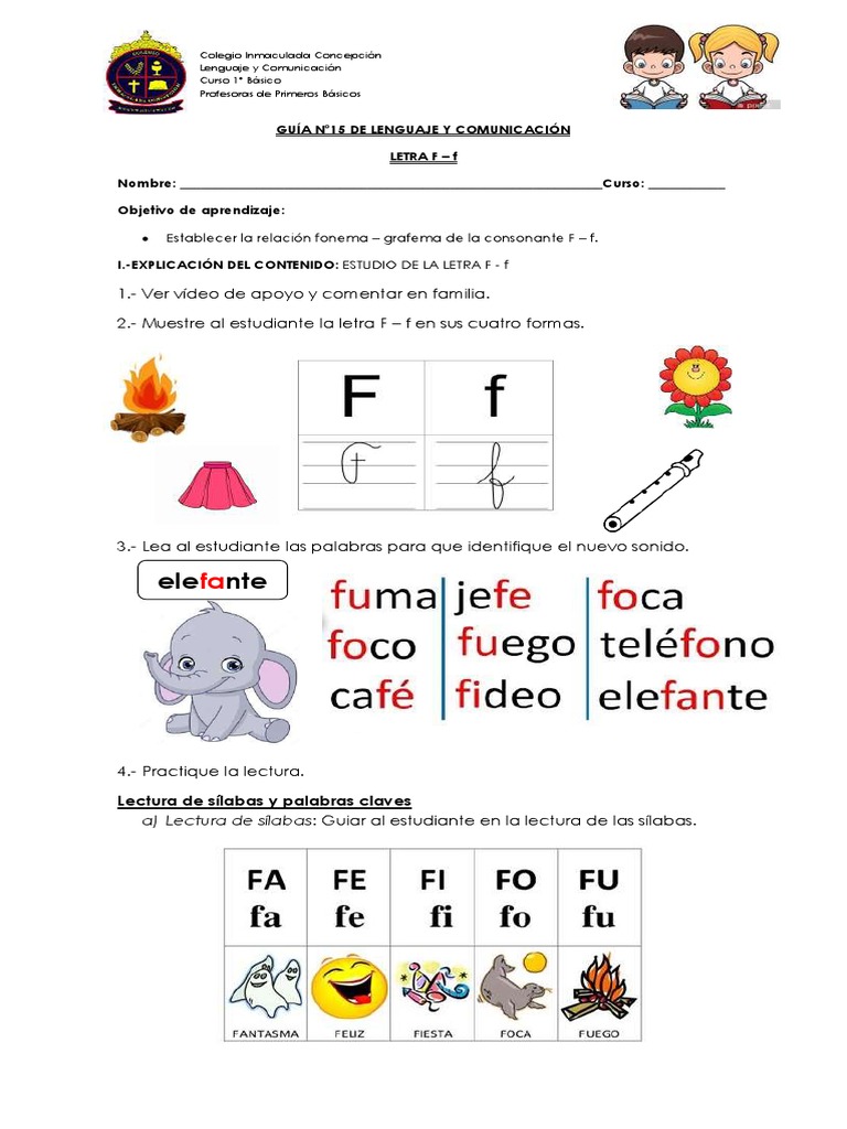 Actividades de la letra F en 1° Básico | PDF | Escritura | Palabra