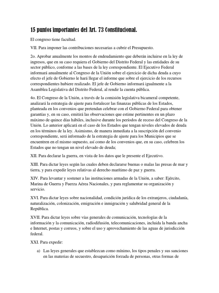 15 Puntos Importantes Del Art73 | PDF | Tratado | Politica de mexico