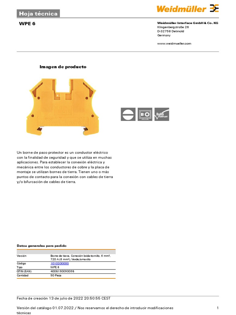 Borne de Tierra WPE 6 Weidmüller | PDF | Tornillo | Sector secundario ...