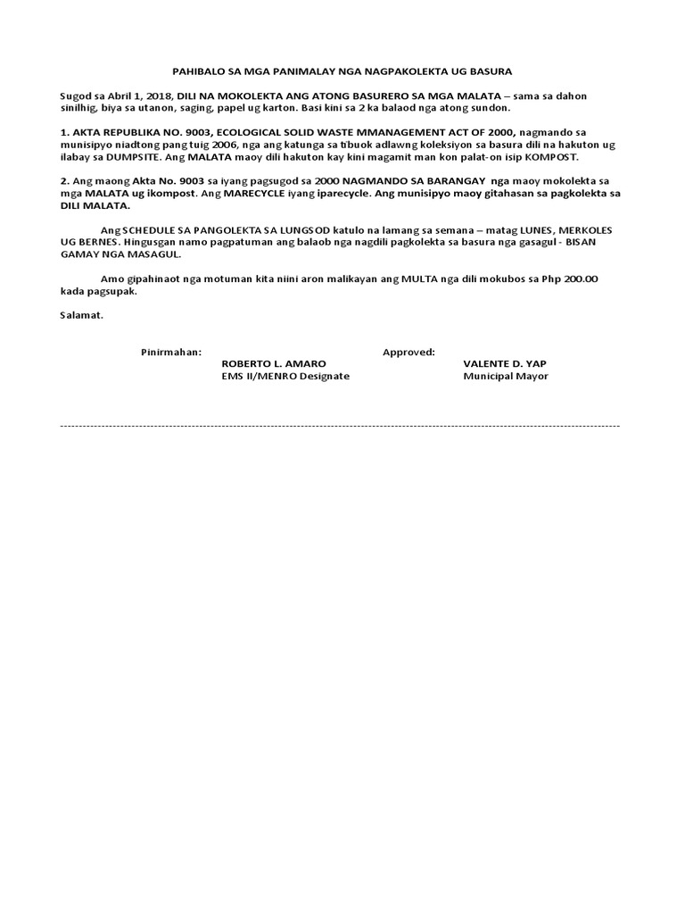 Pahibalo Sa Mga Panimalay Nga Nagpakolekta Ug Basura | PDF