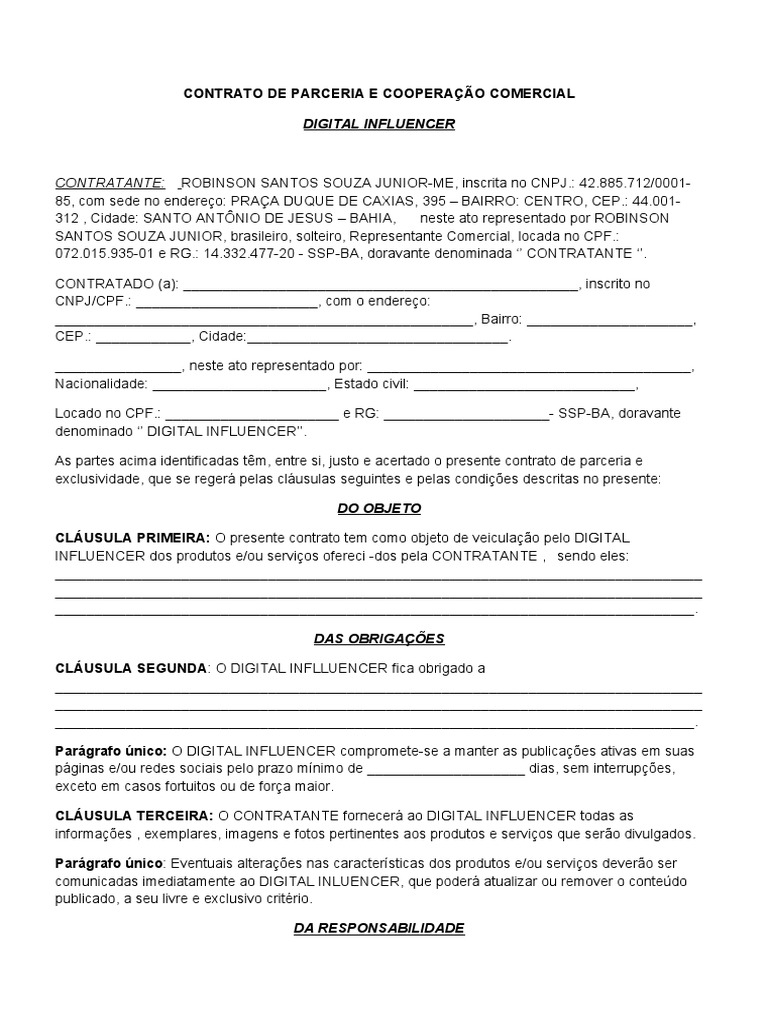 Contrato de Parceria - Digital Influencer | PDF | Direito Privado ...