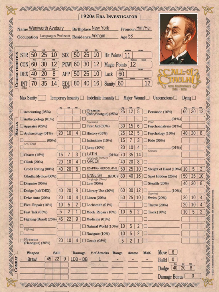 Wentworth Averbury - Character Sheet | PDF
