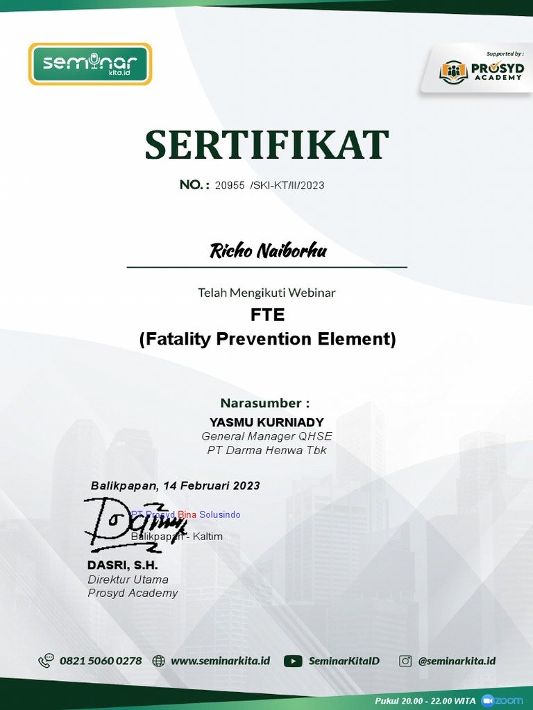 Revisi SERTIFIKAT FTE (Fatality Prevention Element) | PDF