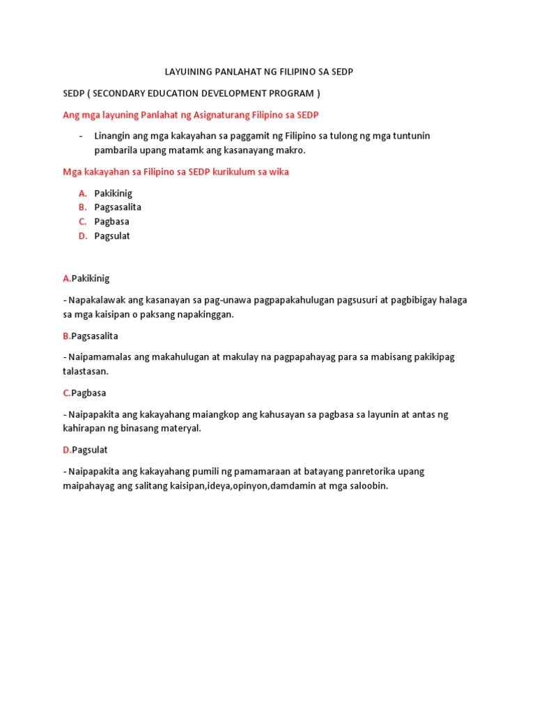 Ang Mga Layuning Panlahat NG Asignaturang Filipino Sa SEDP | PDF