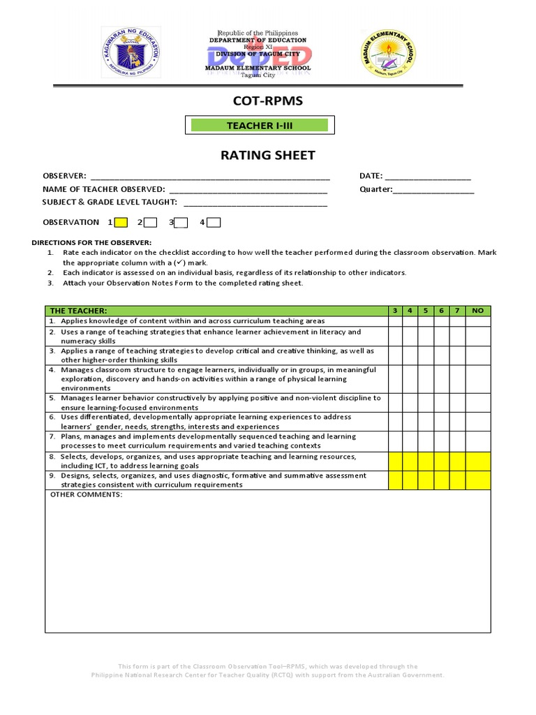 1st Rating Sheet Teacher I III | PDF | Learning | Curriculum
