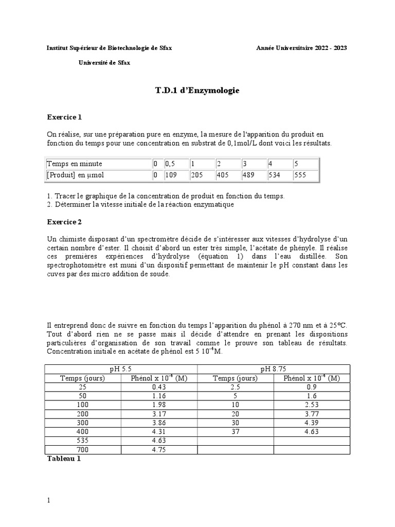 TD 1 Enzymologie PDF | Download Free PDF | Nicotinamide adénine dinucléotide | Enzyme