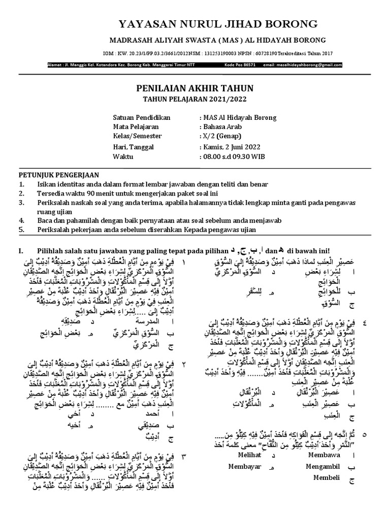 Soal Fix Bahasa Arab Kelas X | PDF