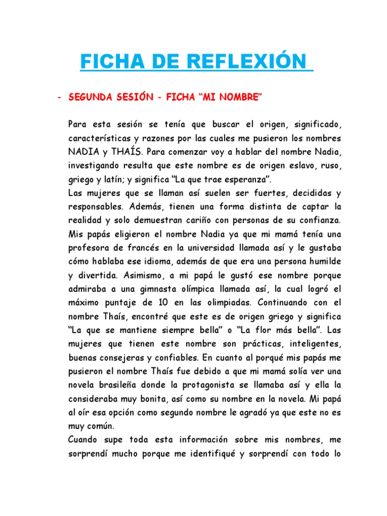 Ficha de Reflexión 2 Mi Nombre | PDF