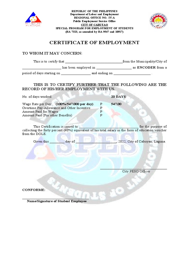 SPES Certificate of Employment 2022 | PDF