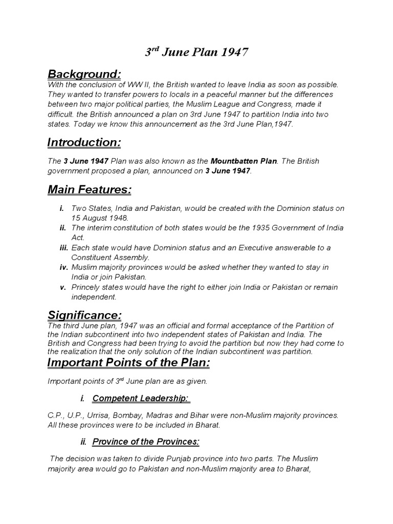 3RD June 1947 Plan | PDF | Partition Of India | British Raj