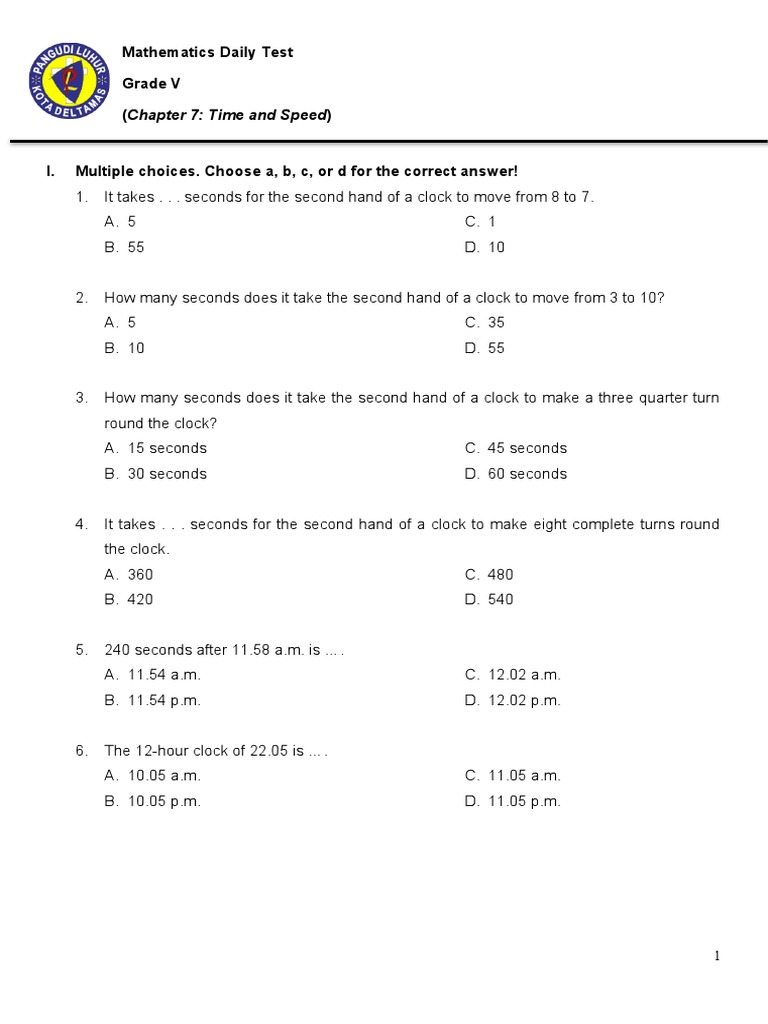 Grade 5 Math: Time and Speed Test | PDF | Speed