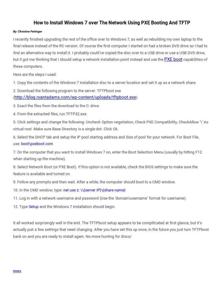 How To Install Windows 7 Over The Network Using Pxe Booting And Tftp Pdf