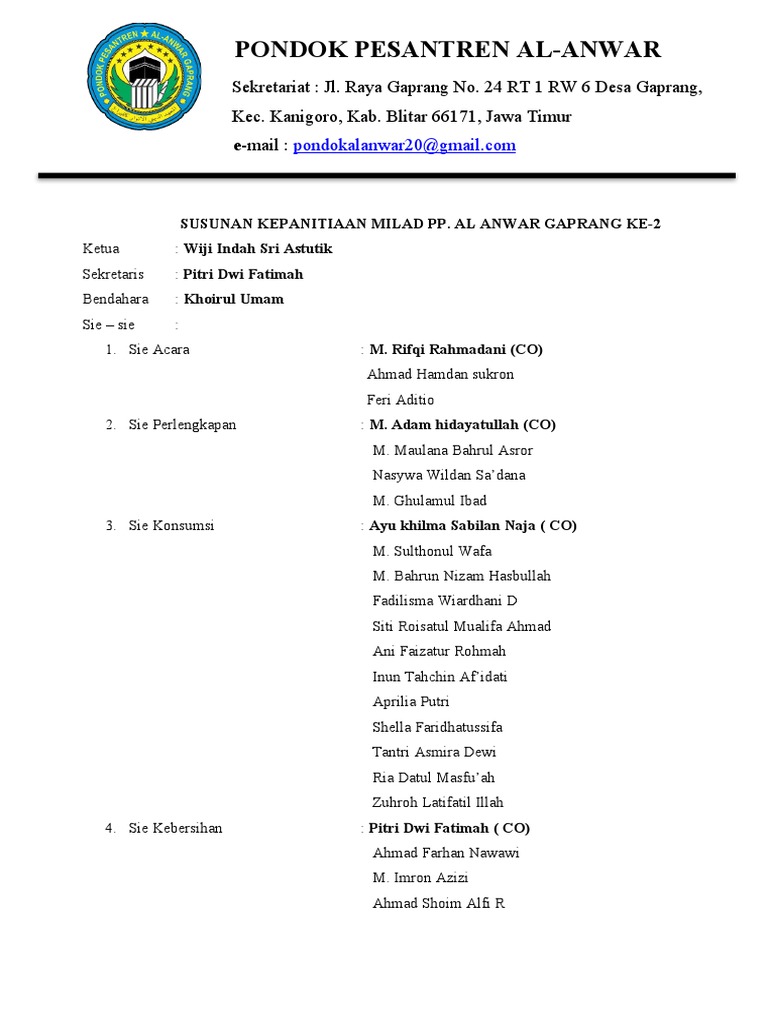 Susunan Kepanitiaan Milad Awr Ke 2 | PDF