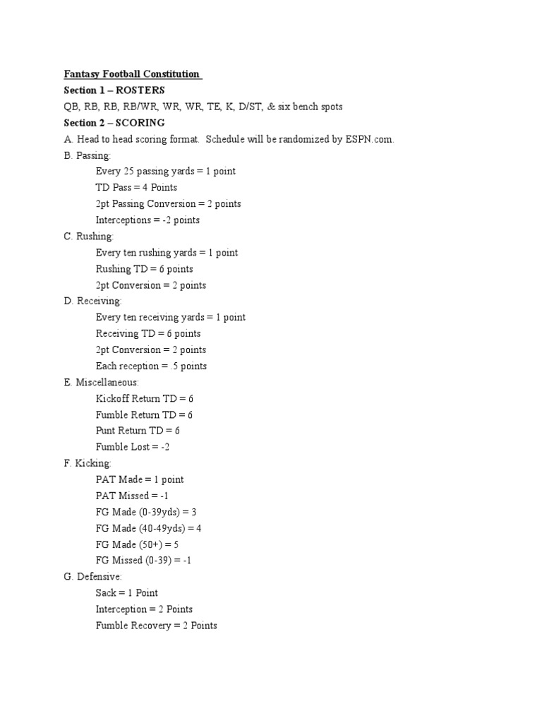 Fantasy Football Constitution Section 1 - ROSTERS Section 2 - SCORING ...