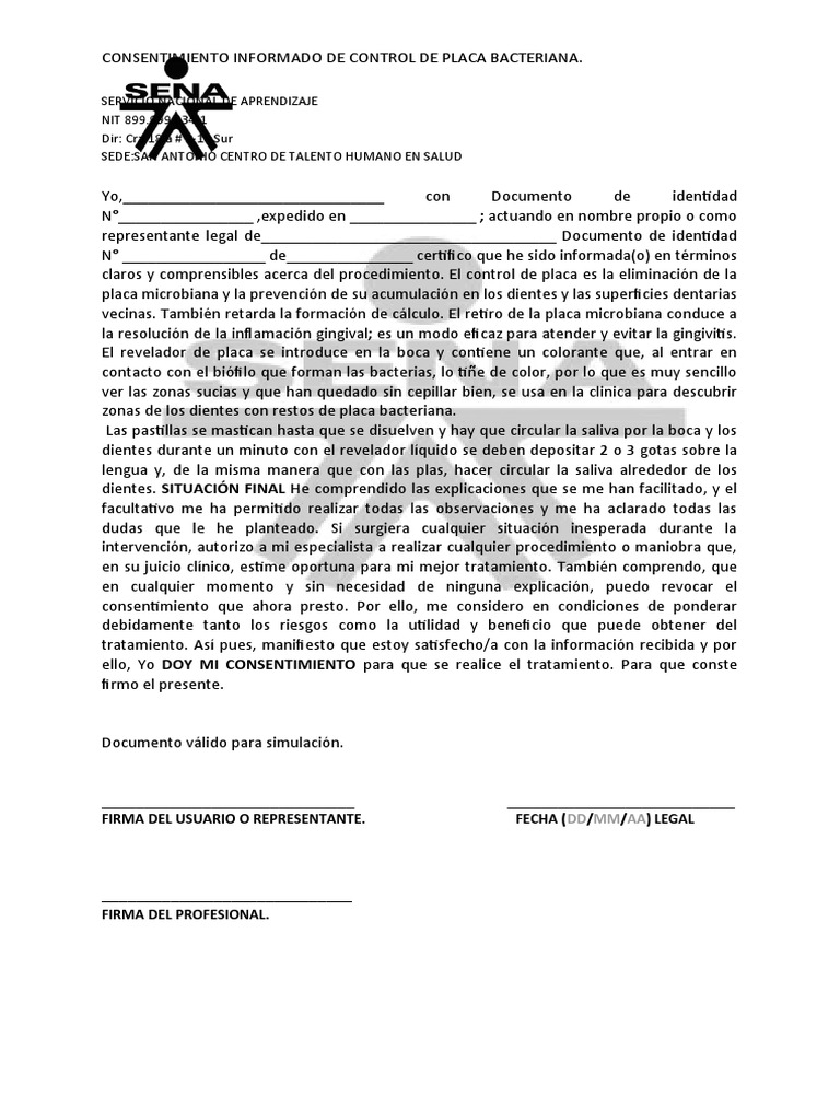 Consentimiento Placa Bacteriana. | PDF | Cuidado de la salud | Ciencias de la Salud