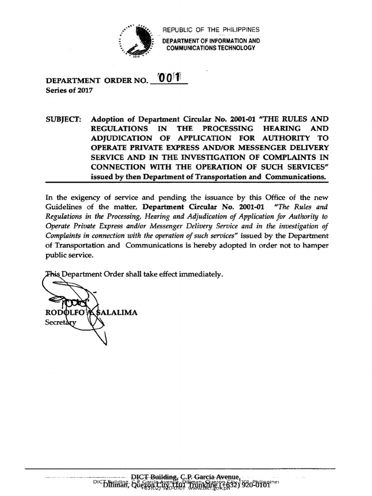 DICT-DO-001-2017 ADOPTION OF DEPT. CIRCULAR No. 2001-01 THE RULES AND ...