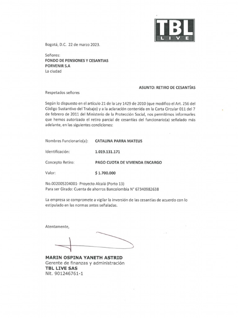 Carta de Cesantias | PDF