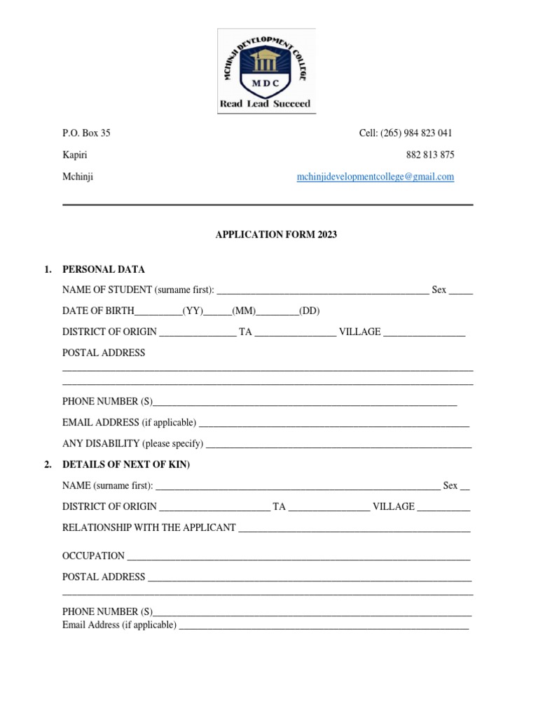 Mchinji Development College Application Form | PDF | Service Industries