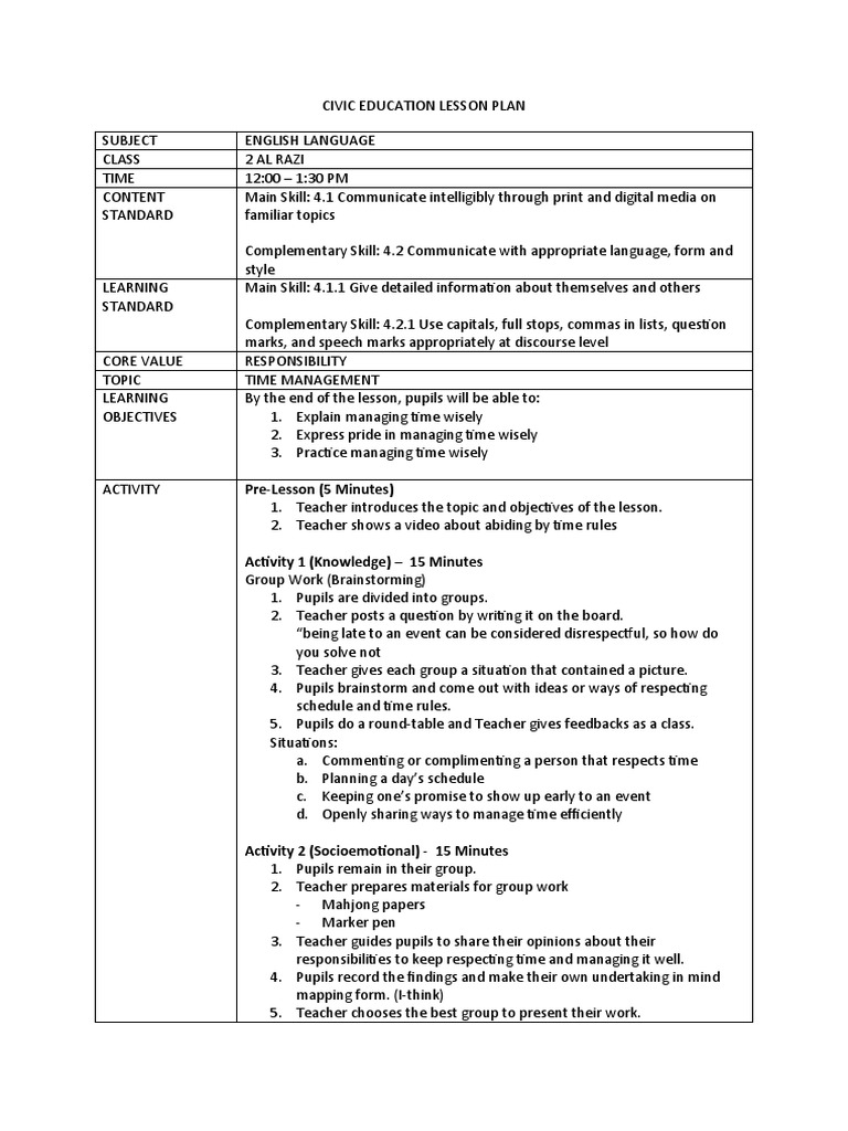 Civic Education Lesson Plan Overview | PDF | Teachers | Communication