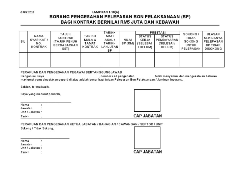 BORANG PENGESAHAN PELEPASAN BON PELAKSANAAN | PDF