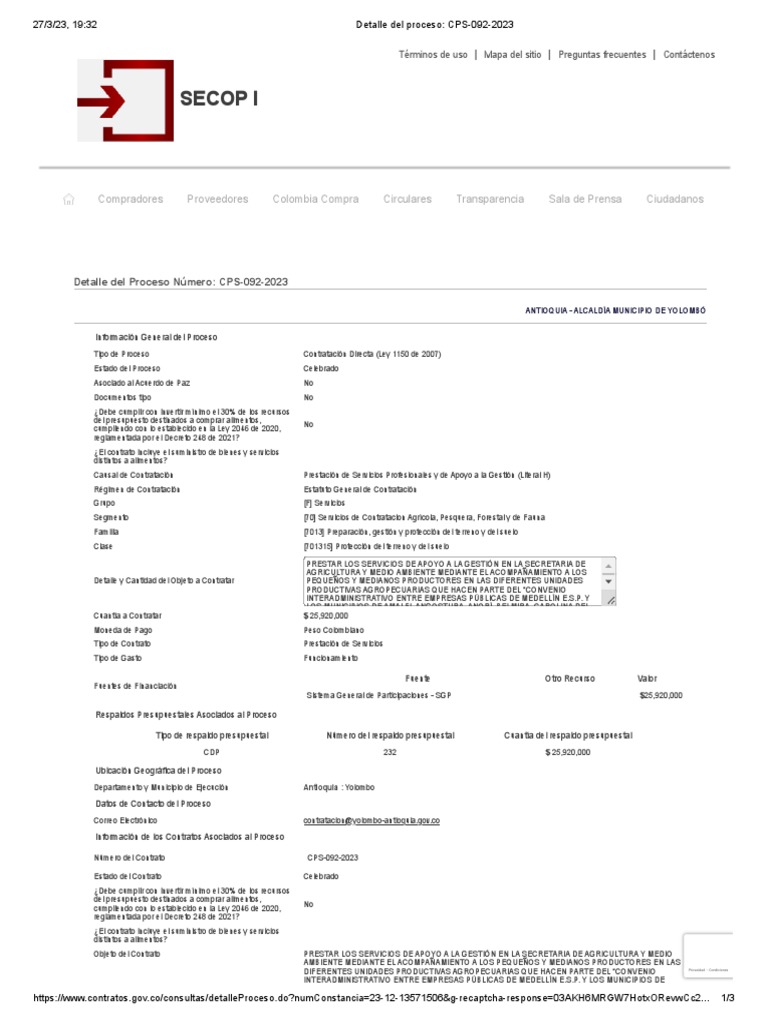 Detalle Del Proceso - CPS-092-2023 | PDF | Colombia | Presupuesto