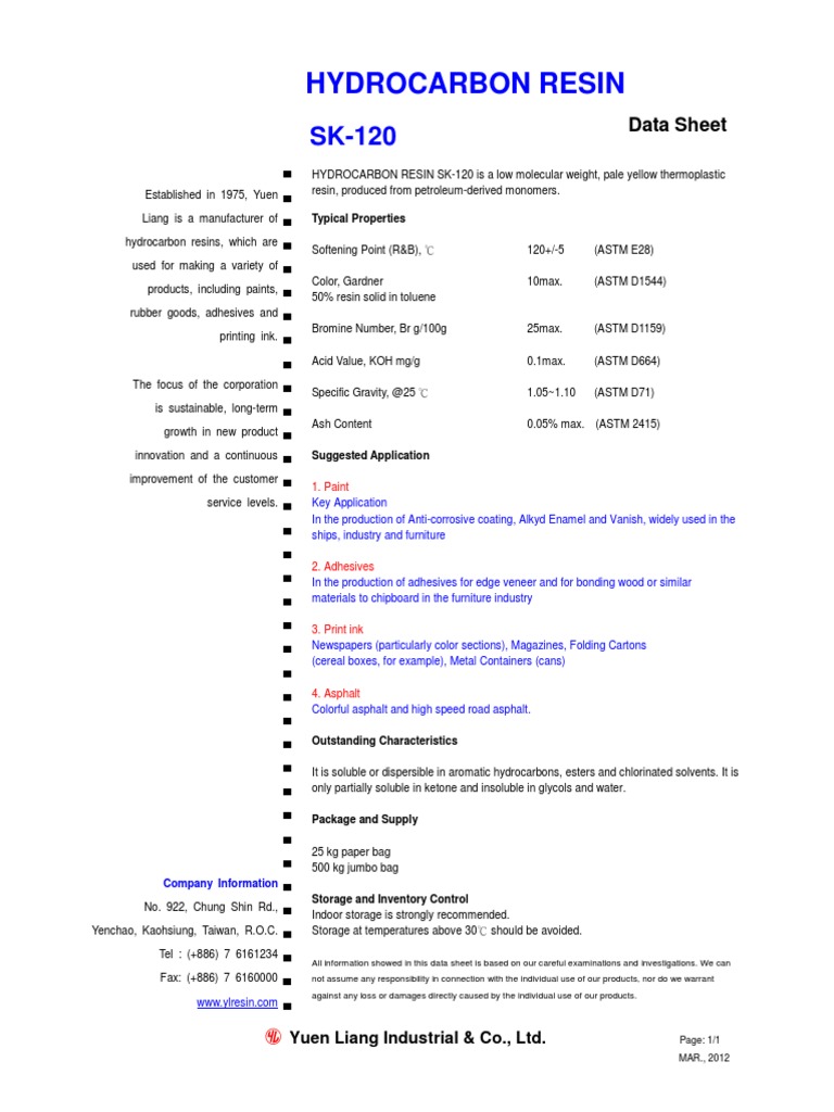 TDS - HYDROCARBON RESIN SK-120 - PETRORESIN SK-120 - en - 12 PDF | PDF | Paint | Hydrocarbons