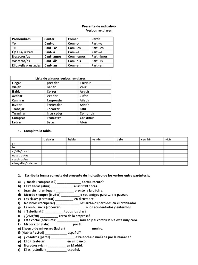 Conjugación de Verbos Regulares en Presente | PDF | Estudios de idiomas ...