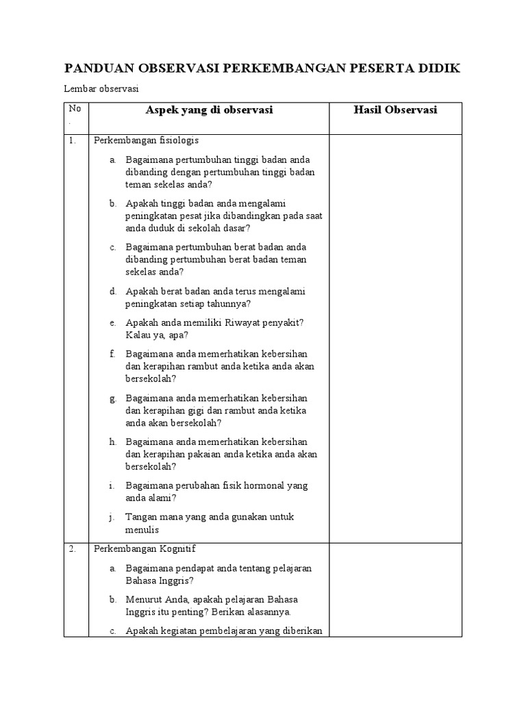Panduan Observasi Perkembangan Siswa | PDF | Karier & Perkembangan ...