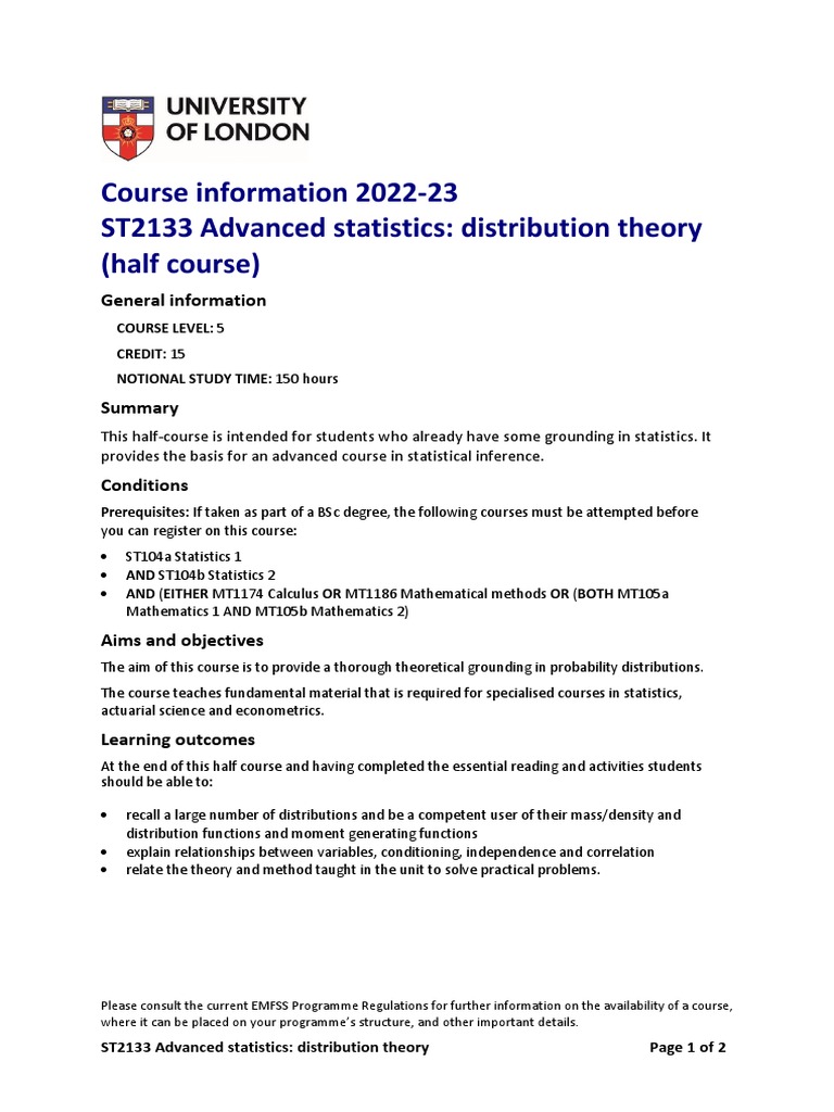 ST2133 Advanced Statistics Distribution Theory Half Course | PDF | Probability Distribution ...