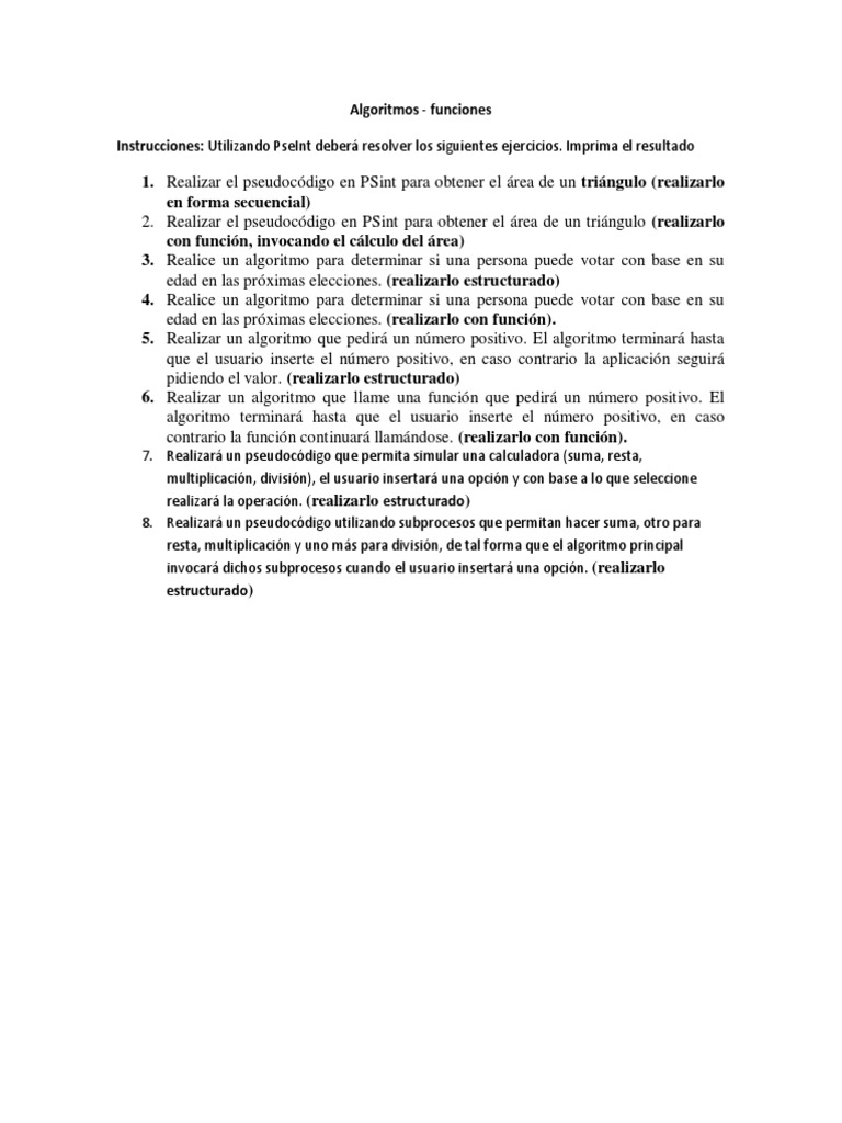 Ejercicios Algoritmos Funciones | PDF