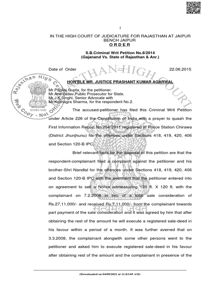156 - 3 - Rajasthan High Court - Gajanand Vs State of Rajasthan | PDF | Lawsuit | Complaint