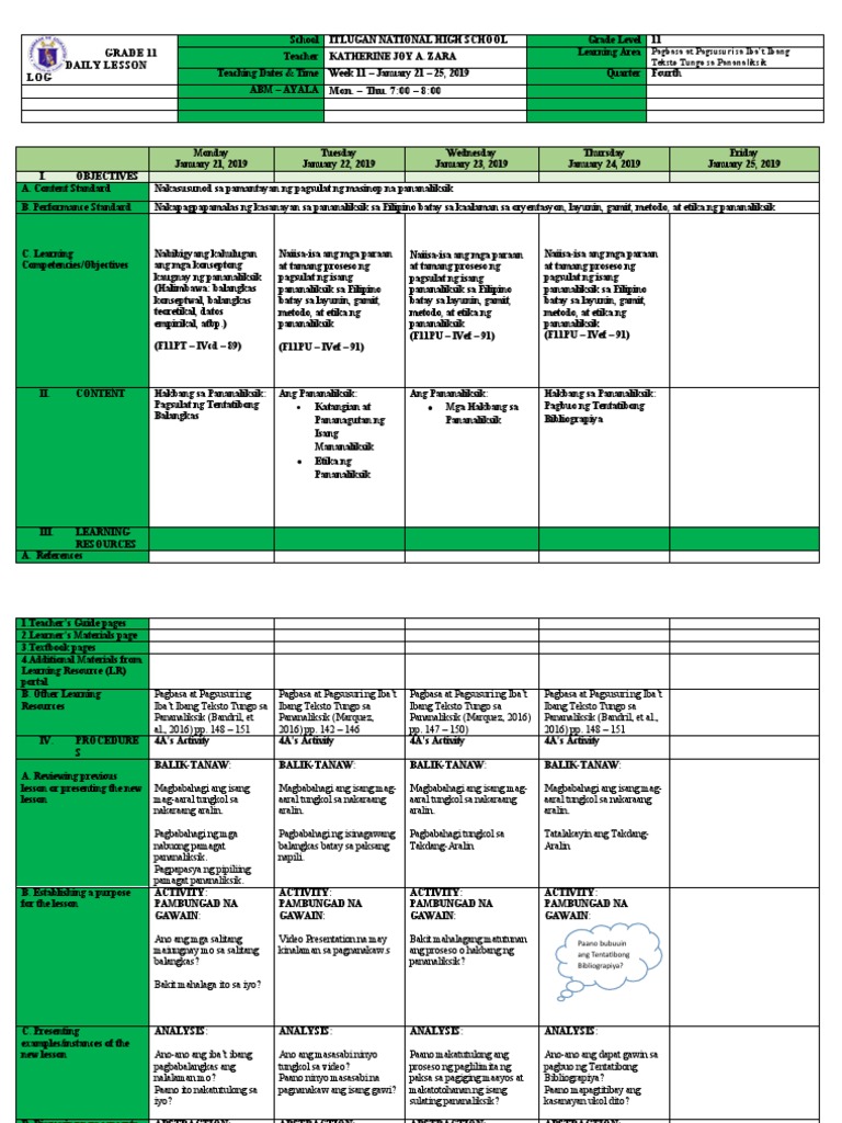 Grade 11 Daily Lesson LOG Mon. - Thu. 7:00 - 8:00: Pagbasa at Pagsusuri ...