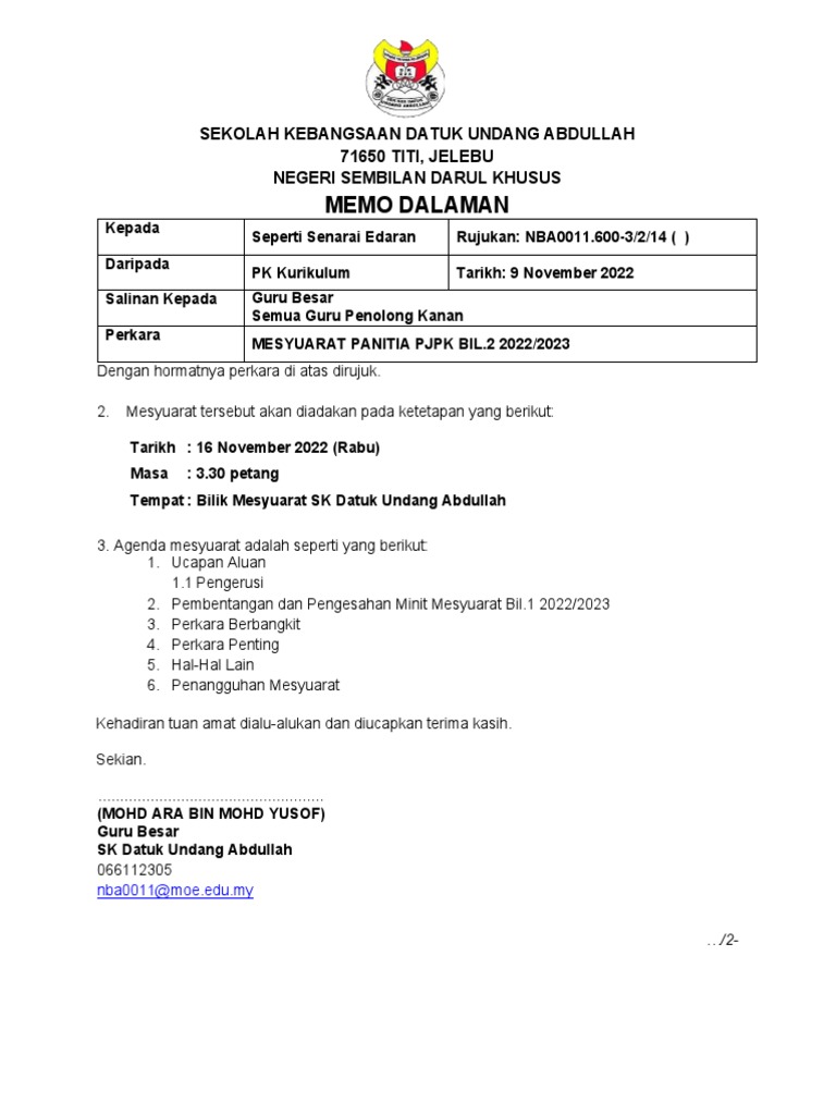 Memo Panggilan Mesyuarat PJ Bil 2 | PDF