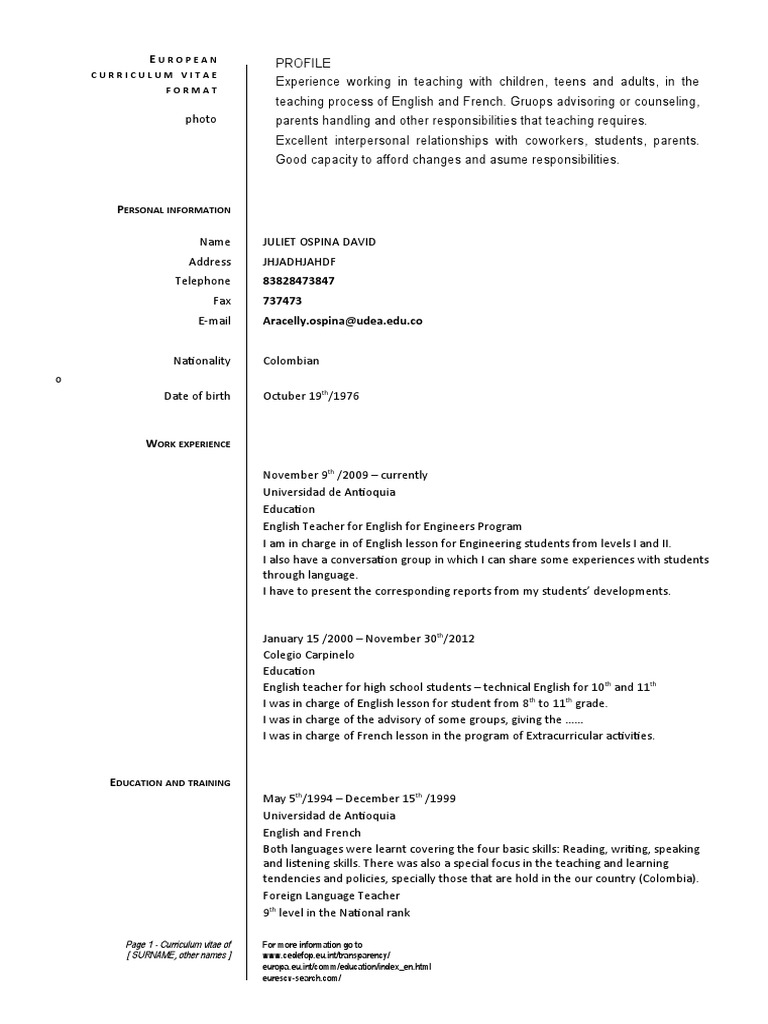 CV-european-format - Example | PDF | Curriculum | English Language