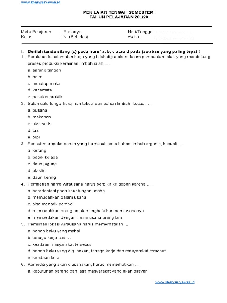 1 - Soal PTS Prakarya Kelas XI Ganjil - WWW - Kherysuryawan.id | PDF | Seni