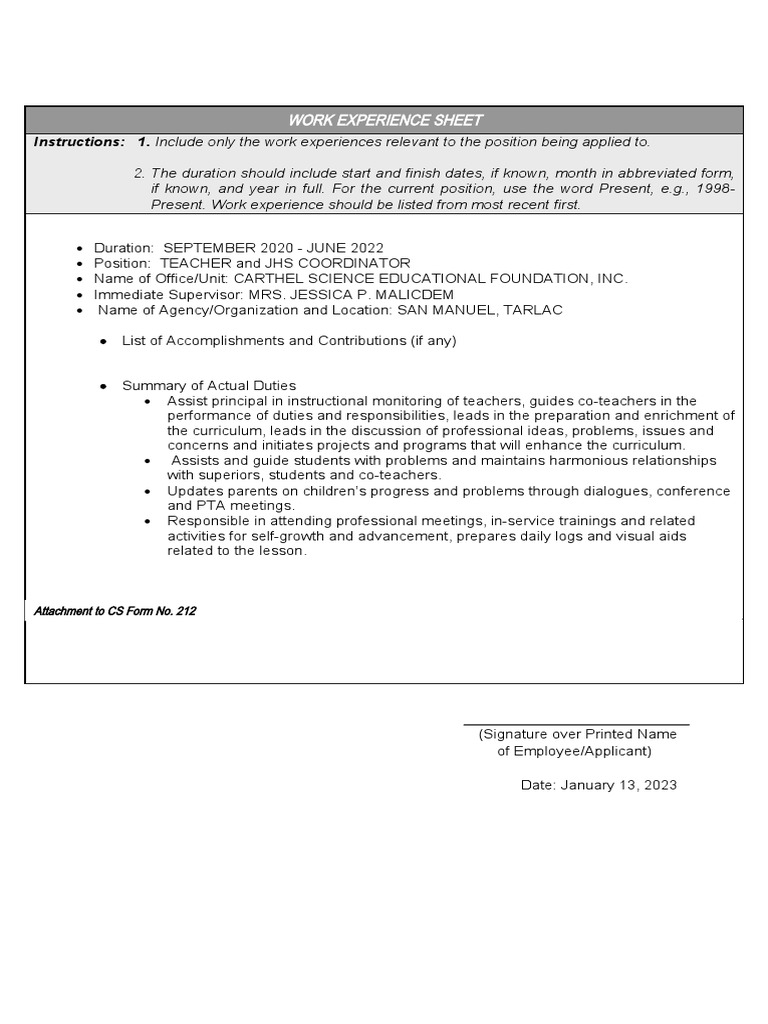 CS Form 212 Work Experience Details | PDF