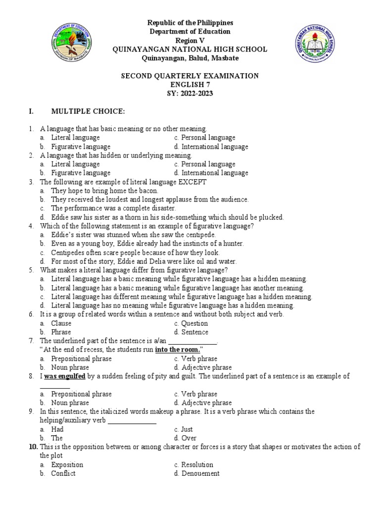 English 7 3rd Quarter Exam Review | PDF | Phrase | Verb