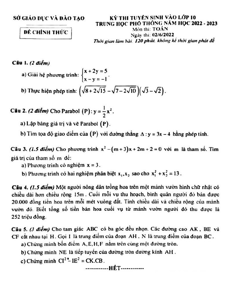 De Tuyen Sinh Vao Lop 10 Mon Toan Nam 2022 2023 So GDDT Binh Duong PDF | PDF