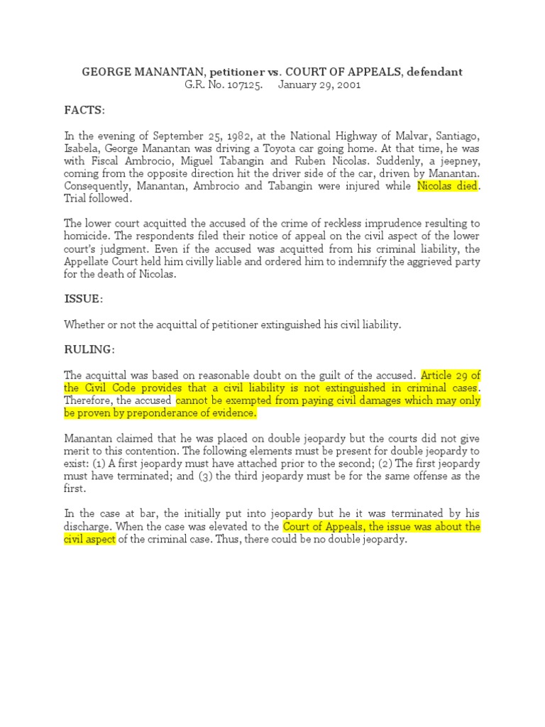 Manantan v. CA: Civil Liability After Acquittal | PDF | Law