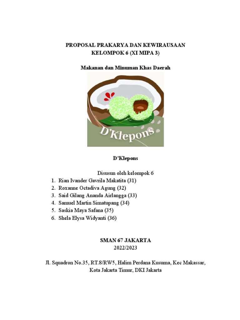 Proposal Prakarya Dan Kewirausaan Kelompok 6 (Xi Mipa 3) Makanan Dan ...