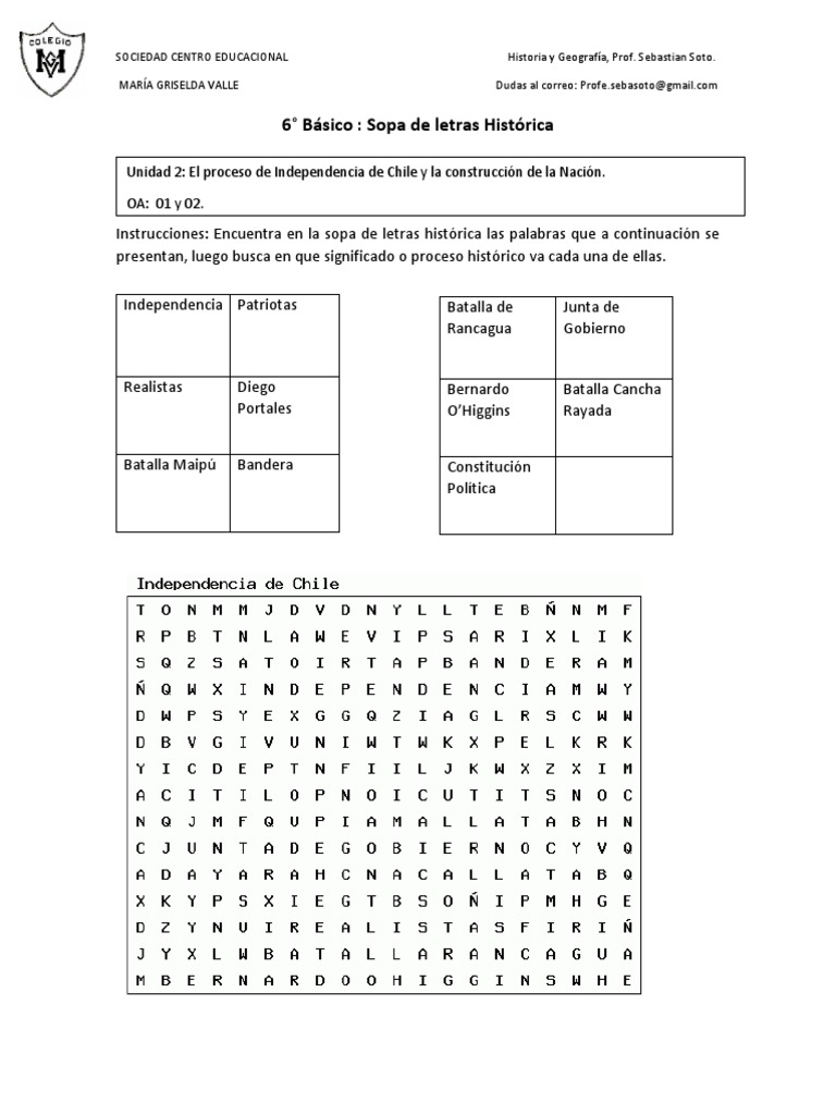 Sopa de letras histórica sobre el proceso de independencia de Chile ...