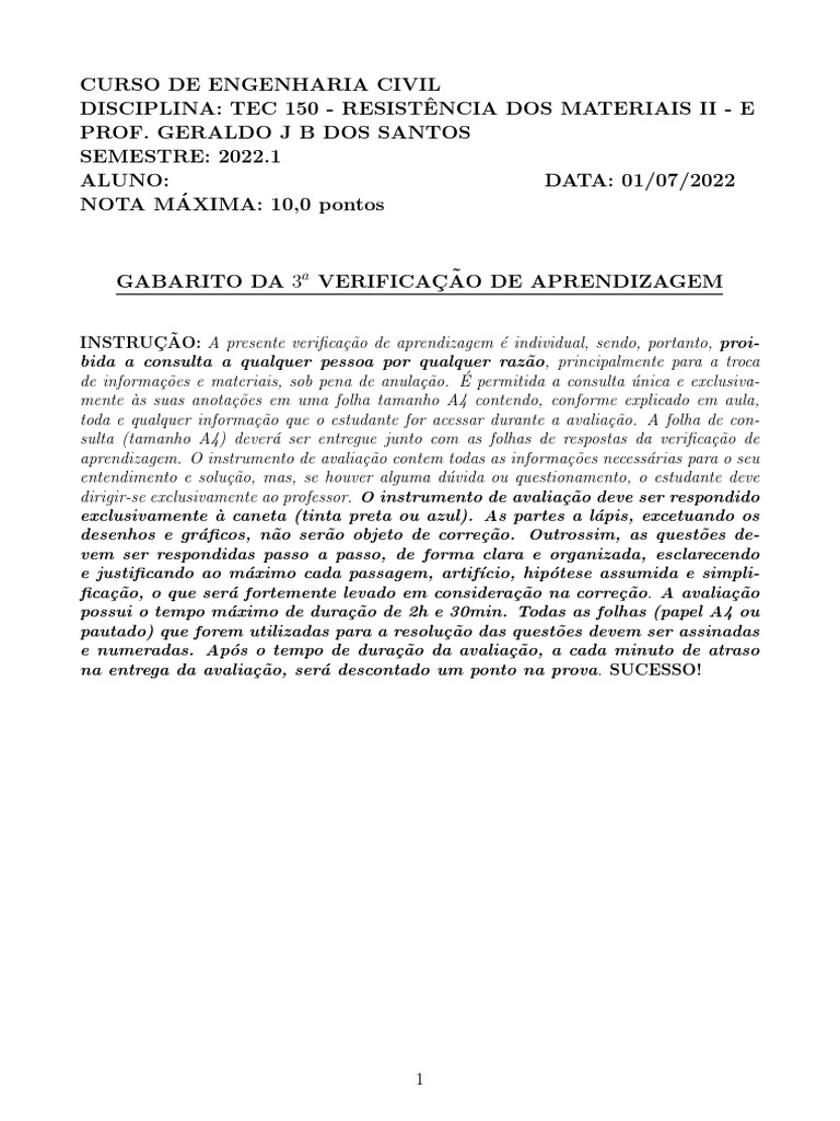 Gabarito 2022 1 3a Prova ResMat II-E PDF | PDF | Flambagem | Mecânica de continuidade